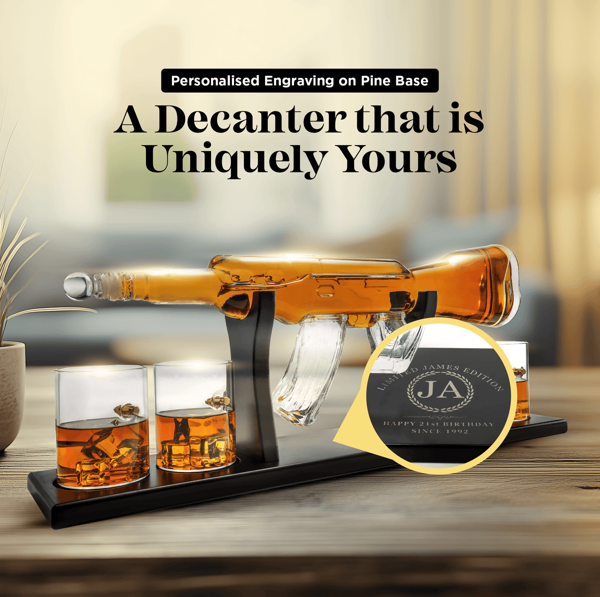 Personalised Engraved Don Vassie Rifle Gun Decanter with 4 Bullet Glasses